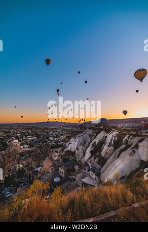 Balloon at dusk in Cappadocia. Spectacular flight in Goreme. Turkey ...