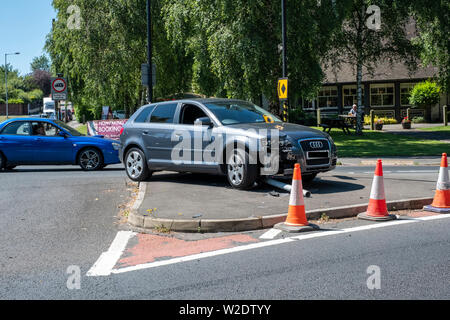 A3 2.0 T3 Audi car crash on roundabout, demolishes sign post Stock ...