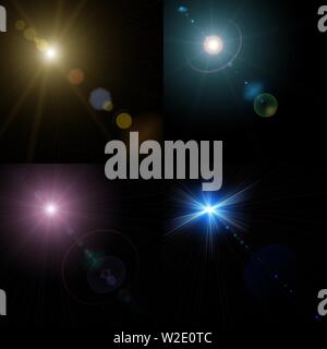 Stars, collage with four suns with lens flares and Rays Stock Photo - Alamy