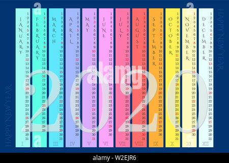 Colorful wall calendar 2020 with vertical months, days of the week ...