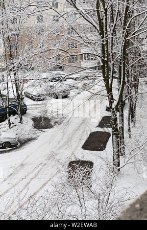 traces of cars in the snow in winter, snow with traces of vehicles on ...