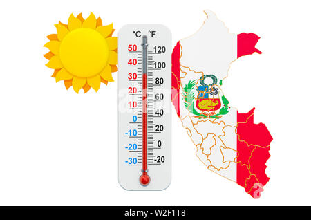 Thermometer with Peruvian flag. Heat in Peru concept. 3D rendering ...