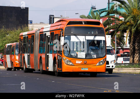 SANTIAGO, CHILE - OCTOBER 2018: An orange Transantiago bus in Estación ...