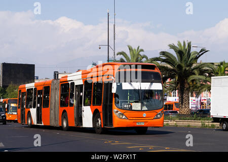 SANTIAGO, CHILE - OCTOBER 2018: An orange Transantiago bus in Las ...