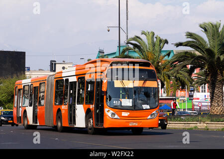 SANTIAGO, CHILE - OCTOBER 2018: An orange Transantiago bus in Estación ...