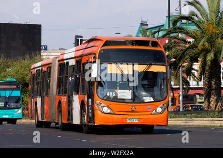 SANTIAGO, CHILE - OCTOBER 2018: An orange Transantiago bus in Las ...