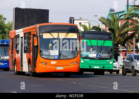 SANTIAGO, CHILE - OCTOBER 2018: An orange Transantiago bus in Estación ...