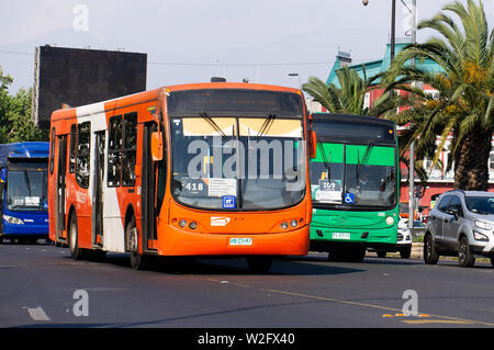 SANTIAGO, CHILE - OCTOBER 2018: An orange Transantiago bus in Estación ...