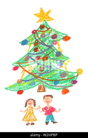 Child's painting of Christmas tree with gifts Stock Photo - Alamy