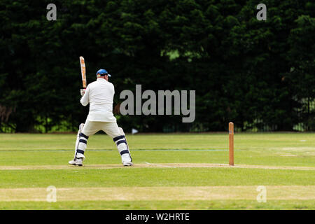 Side view of cricket player batting while playing on field against ...