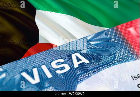 Kuwait immigration document close up. Passport visa on Kuwait flag ...