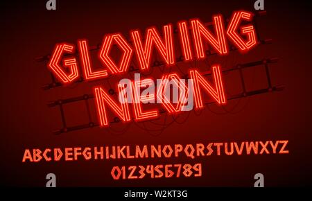 80 s red neon retro font. Futuristic chrome Russian letters and numbers ...