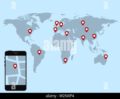 World map with location pointers. Smart map Stock Vector Image & Art - Alamy