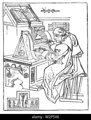 Medieval monk in monastery writing book Drawing Stock Photo - Alamy