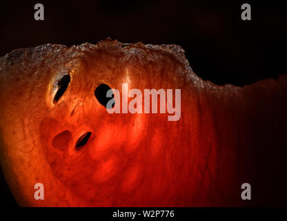 Watermelon on dark with back light. Macro with shallow depth of field ...