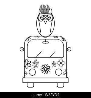 owl bird with feathers hat and van bohemian style vector illustration ...