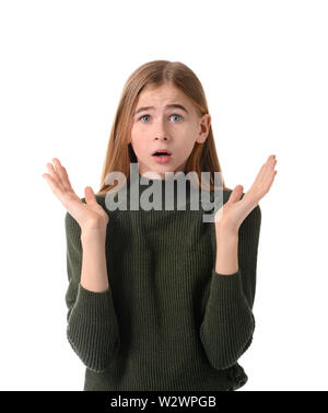 Afraid teenage girl on white background Stock Photo - Alamy