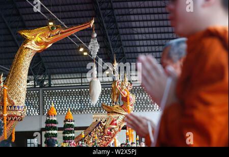 Buddhist monks in ritual national Tibetan clothes perform the Mask ...