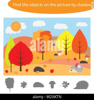 Autumn shadow matching activity for children. Fall season puzzle with ...