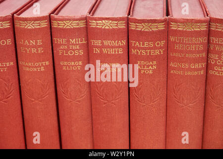 old books in a row with titles visible. classic titles in public domain ...