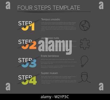 Dark progress steps template with descriptions icons and big color ...