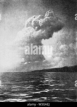 A photograph of the eruption of Mount Pelee in 1902, showing the ...