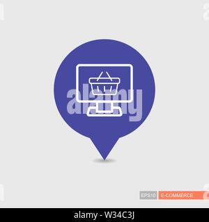 Computer display with shopping cart pin map icon vector. Online shoping ...