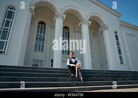 bride groom at wedding party. bearded man in bow tie with tulip flowers ...