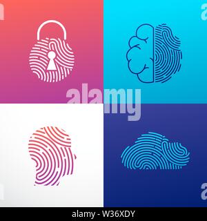 Fingerprint logo. Digital privacy icons. Crime lock. Face or brain shield. Thumbprint for ...