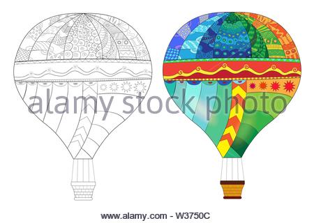 hot air balloon in zentangle inspired doodle style isolated on white. Coloring book page for ...