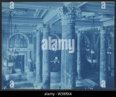 Willard Hotel, view of lobby ceiling, chandeliers and columns, between ...