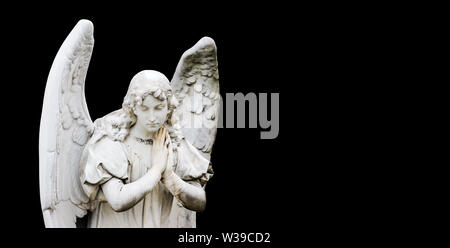 Sad guardian angel sculpture with open wings isolated on white ...
