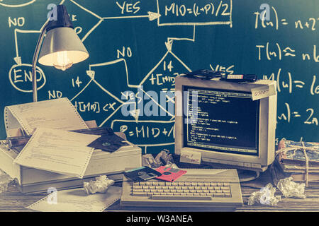 Vintage computing laboratory on green blackboard background Stock Photo ...
