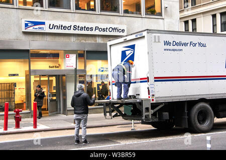 USPS van Postman and delivery van USA American postman and his red ...
