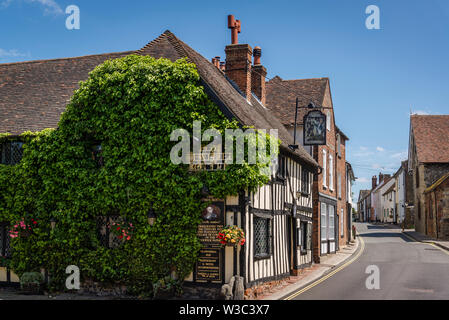 Cobham High street and the Old Leather Bottle pub in fog Stock Photo ...