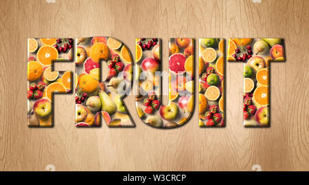Word Fruits with apple, orange, lemon, banana and strawberry Stock ...