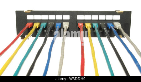 Hub of twelve ports with colorful LAN cables isolated on white ...