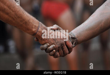 Jammu, Kashmir. 15th July, 2019. Traditional wrestlers fight during ...