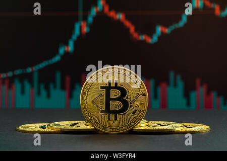 Bitcoin graph in red and green on the phone. beautiful girl sits on the ...