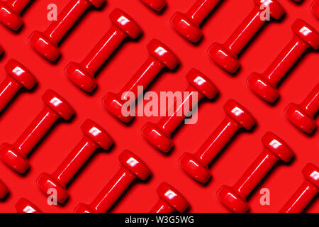 Red dumbbell on barbell weight plates, Christmas tree branches on snow ...