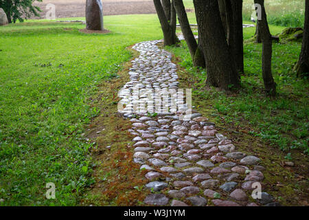 Rustic footpath of natural stone meandering through lush green grass ...