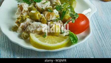Mediterranean Cod Salad with capers, olives and olive oil Stock Photo ...