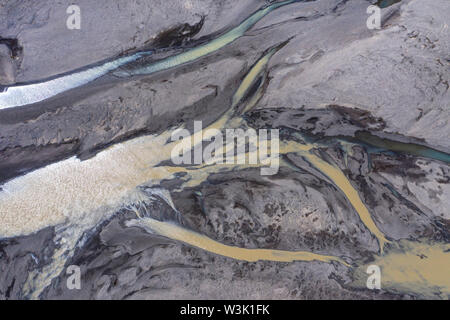 Aerial view of meander of glacial river tungnaa floating over a sander ...