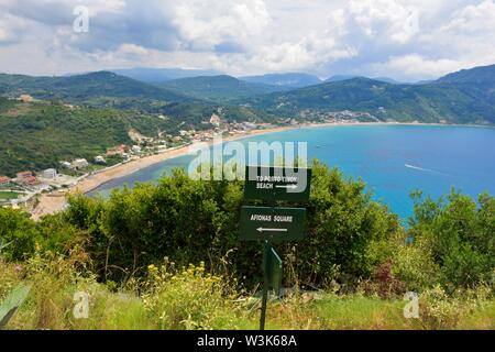 Tourist directional signs,Porto Timoni beach,Afionas Square,with Agios ...