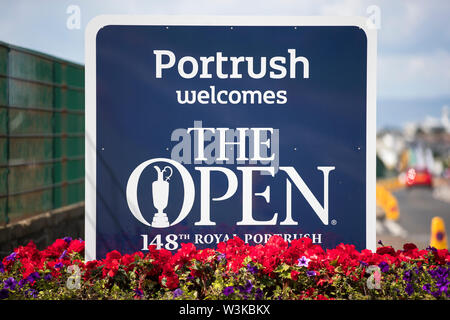 A sign welcoming visitors to Portrush for the Open Championship 2019 at ...