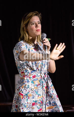 Comedian Lou Sanders performs on day 3 during the 2019 Latitude ...