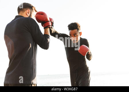 Photo of serious handsome strong two young sports men boxers friends at ...