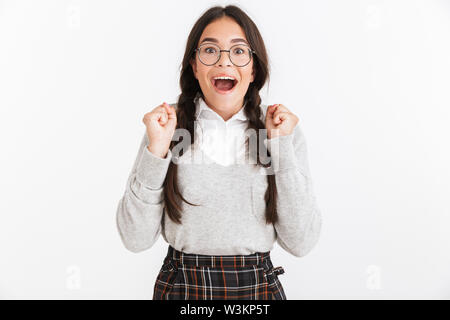 Photo portrait of adorable ecstatic girl touching face with hands open ...