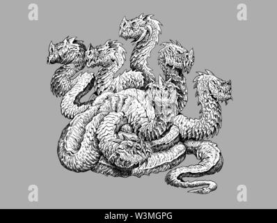 Lernaean Hydra - mythological creature. Multi headed dragon drawing ...
