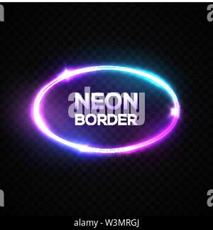Neon light oval laser frame. Ellipse border with led glow in gold and ...